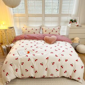 blueblue cherry kids duvet cover set queen 100% cotton bedding for boys girls teens cartoon red cherries pattern on white 1 cute fruit full comforter cover 2 pillow shams (queen)