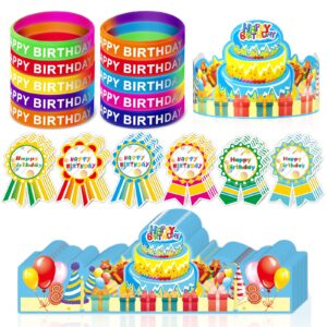 90 pcs happy birthday kits for kids classroom, include happy birthday crowns, silicone stretches, badge stickers, students kindergarten birthday party hats for school teacher classroom party supplies