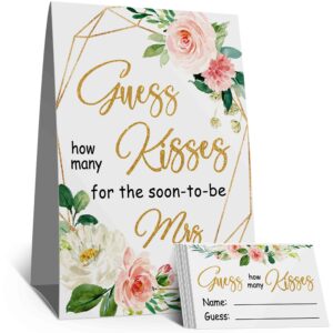 how many kisses bridal showers game, watercolor pink flowers ,guess how many kisses for the soon to be mrs, bridal tribe party, golden wedding engagement decoration(1 sign+50 cards)