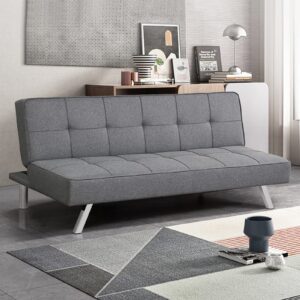 powerstone convertible futon sofa bed linen small couch fabric folding sleeper sofa for living room furniture set with chrome legs gray