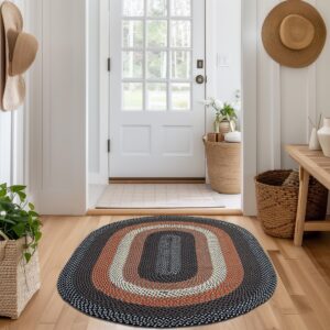 super area rugs rustic red/white/blue braided rug for entryway/foyer, washable navy indoor outdoor braided rug for patio/porch 3' x 5' oval