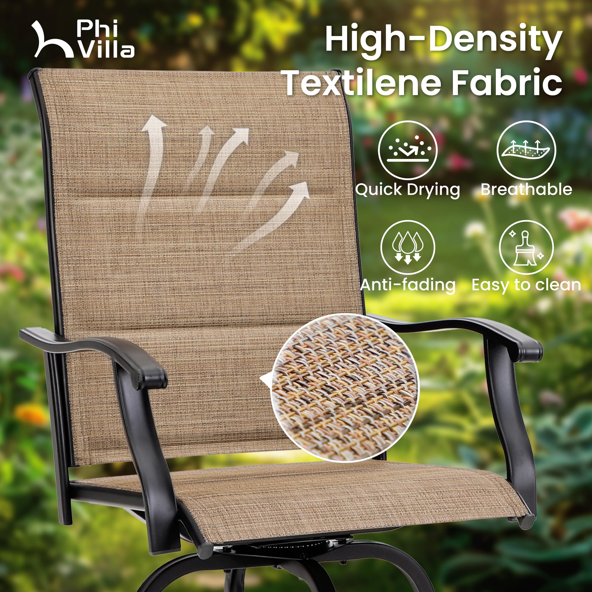 PHI VILLA Outoor Swivel Bar Stools Set of 6 with Armrest and Backrest, High Top Patio Bar Stool & Chairs with Padded Brown Textilene Fabric