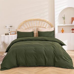 bestdesil olive green 100% washed microfiber duvet cover king size set, 3 pieces pom pom fringe bedding set for all season, solid color boho chic aesthetic comforter cover with zipper closure