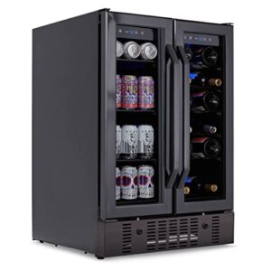 newair 24” wine and beverage refrigerator and cooler, 18 bottle and 60 can capacity, built-in dual zone fridge in black stainless steel with french doors