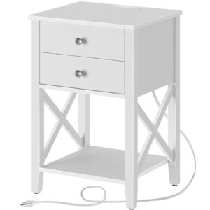 rolanstar nightstand with charging station, night stand with 2 drawers, 2 ac and usb power outlets, accent bed side table with storage shelf for bedroom, white