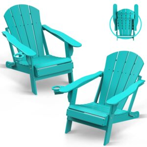 briopaws folding adirondack chairs set of 2, weather resistant patio chairs w/cup holder, hdpe plastic chair, lawn chairs for fire pit, deck, outdoor, porch, campfire, aqua, 2 packs