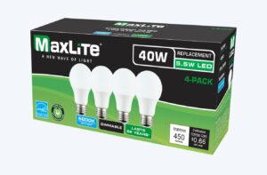 maxlite led enclosed rated omnidirectional a-lamp, 5.5w dim led a19 5000k 4 pack, white (e5.5a19d50/4p/ws)