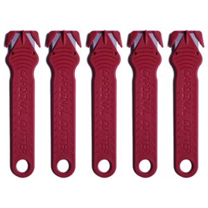 cardinal safety box cutter with concealed stainless steel blade, package opener plastic cutter for box, carton, shrink wrap, plastic straps (red, pack of 5)