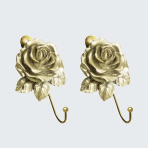 mdply 2 pack gold flower wall hooks, cute decorative coat hooks, vintage resin rose towel hooks with screws, bathroom wall mounted coat rack, scarf, bag, robe, key, hat hook etc (2 gold)