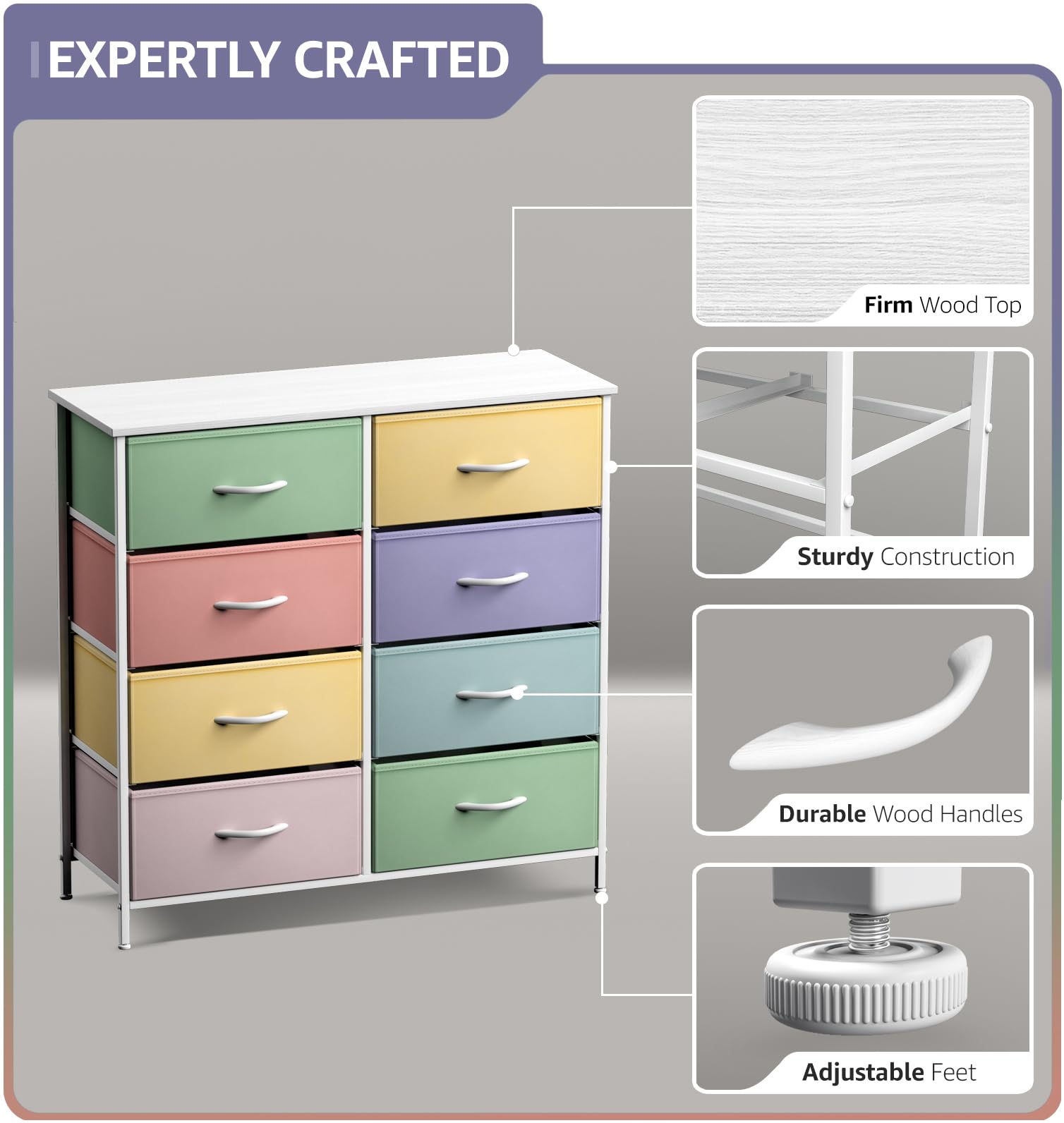 Sorbus Kids Dresser with 8 Drawers - Furniture Storage Chest Tower Unit for Bedroom, Hallway, Closet, Office Organization - Steel Frame, Wood Top, Tie-dye Fabric Bins (Pastel 1)