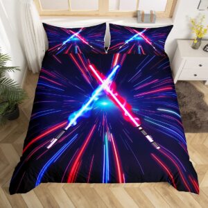 lightsaber duvet cover set queen size,geometric lines gradient bedding set 3pcs for kids teens boys room decor, future technology metaverse comforter cover red blue quilt cover with 2 pillowcases