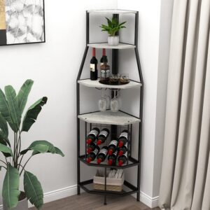 espelism 5-tier corner wine rack floorstanding with glass holder and bottles wine storage home bar furniture for home kitchen dining room industrial metal and wooden corner shelf