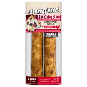 chomp 'ems premium chicken hide free dog chews - rawhide free dog treats - no hide alternative chew treat for all life stages, roll, 7"", 2 count