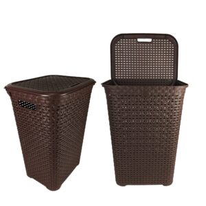 elly décor set 2 rattan 12 gallons tall plastic laundry hamper, laundry basket with cutout handles, washing bin, dirty clothes storage, bathroom, bedroom, closet, 48 lts chocolate