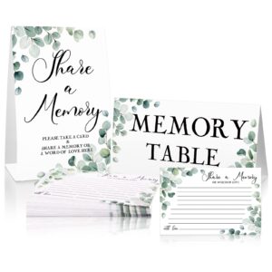 52 pcs greenery eucalyptus share a memory cards and memory table signs greenery flower seating place cards funeral celebration of life guest book card for graduation wedding, 3 styles(leaf style)