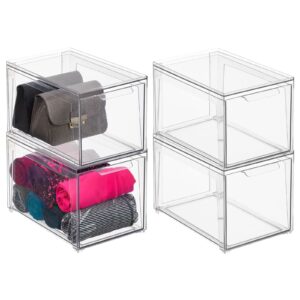 mdesign plastic stackable closet storage organizer bins with pull out drawer for cabinet, desk, shelf, cupboard, or dresser organization - lumiere collection - 4 pack - clear