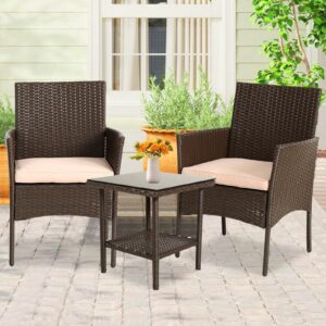 pikaqtop 3 piece small patio furniture set, pe rattan wicker space saving conversation set with cushions & glass coffee table, outdoor furniture sets for deck front porch lawn garden balcony backyard