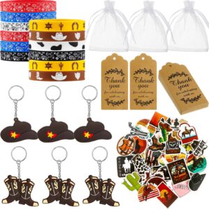 125 pcs western party favors set include cowboy rubber bracelets western themed boot hat keychains west cowboy stickers kraft paper thank you tags for western themed party cowboy themed baby shower