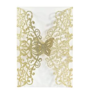 50sets glitter laser cut lace flora wedding invitation cards with butterfly and envelopes for bridal shower engagement quinceañera wedding invite (only invitation cards, glitter gold)