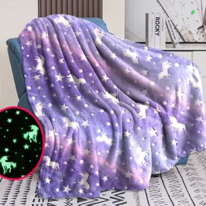 glow in the dark throw blanket for kids, unicorn super soft flannel blanket for girls, best christmas birthday thanksgiving magical gifts for girls kids(50'' x 60'', purple)