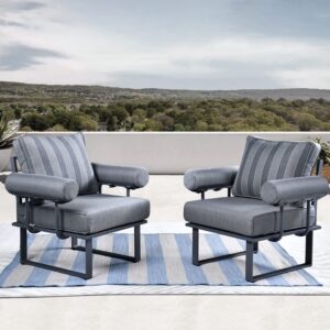 hooowooo aluminium outdoor chairs set of 2 patio club chairs armchairs bistro set chairs with armrest cushions,grey frame grey stripes thick cushions