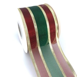 xmribbon metallic christmas wired ribbon gold red green striped ribbon - 2 1/2" x 10 meters,for gift wrapping, tree topper, garland, wreath