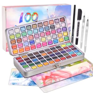 gunsamg watercolor paint set, 100 colors painting with water brush pens, professional watercolor paint set for kids, adults, art supplies. 54 premium colors, 10 fluorescent colors, 36 metallic colors.