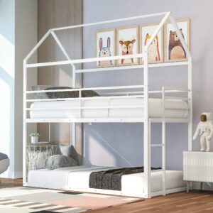 merax twin over twin house bunk bed, metal bed frame bunk beds with roof and built-in ladder, no box spring needed, white