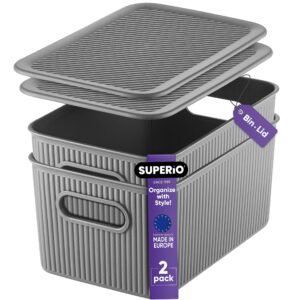 superio decorative lidded home storage bins, plastic organizer baskets, medium grey (2 pack - 5 liter) stackable container box, for organizing closet shelves drawer shelf