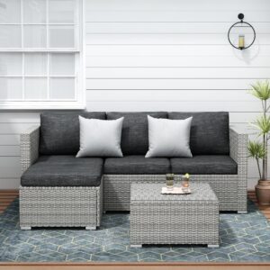 patio furniture sectional sofa set – 3 piece all weather resin wicker outdoor conversation set black washable cushions & coffee table | garden | backyard | pool | 2 clips