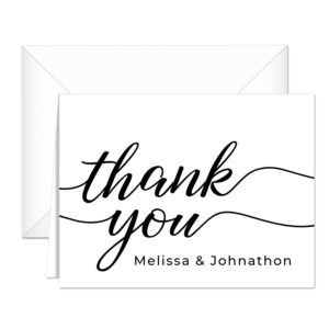 script black and white personalized thank you cards / 100 modern cursive custom appreciation note cards with white envelopes / 4 1/4" x 5 1/2" bulk generic wedding thanks greeting cards