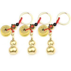 3pcs chinese gourd brass wu lou keychains, gold feng shui coins for good luck fortune longevity success, detachable calabash decorations pendant key rings to stuff bless prayer note (bottom open)