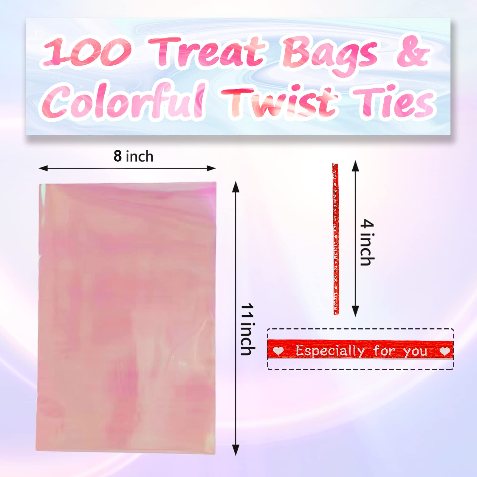 Ctoiotc Cellophane Bags,Cellophane Treat Bags, Iridescent Holographic Candy Bags, Clear Goodie Bags with 5 Colors Pieces Twist Ties for Birthday Party Favors, Easter, Weddings