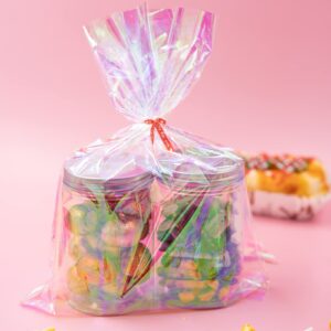 Ctoiotc Cellophane Bags,Cellophane Treat Bags, Iridescent Holographic Candy Bags, Clear Goodie Bags with 5 Colors Pieces Twist Ties for Birthday Party Favors, Easter, Weddings