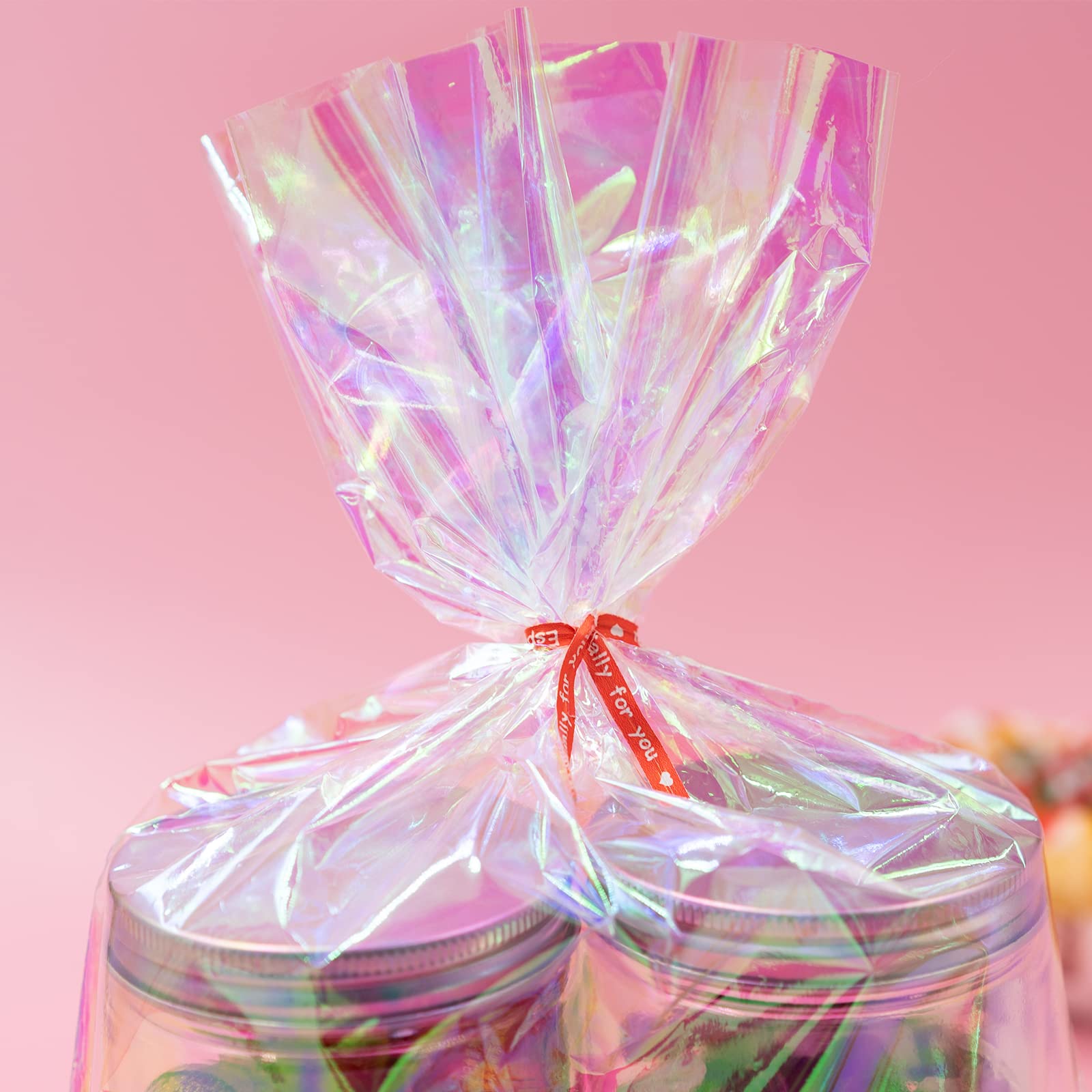 Ctoiotc Cellophane Bags,Cellophane Treat Bags, Iridescent Holographic Candy Bags, Clear Goodie Bags with 5 Colors Pieces Twist Ties for Birthday Party Favors, Easter, Weddings