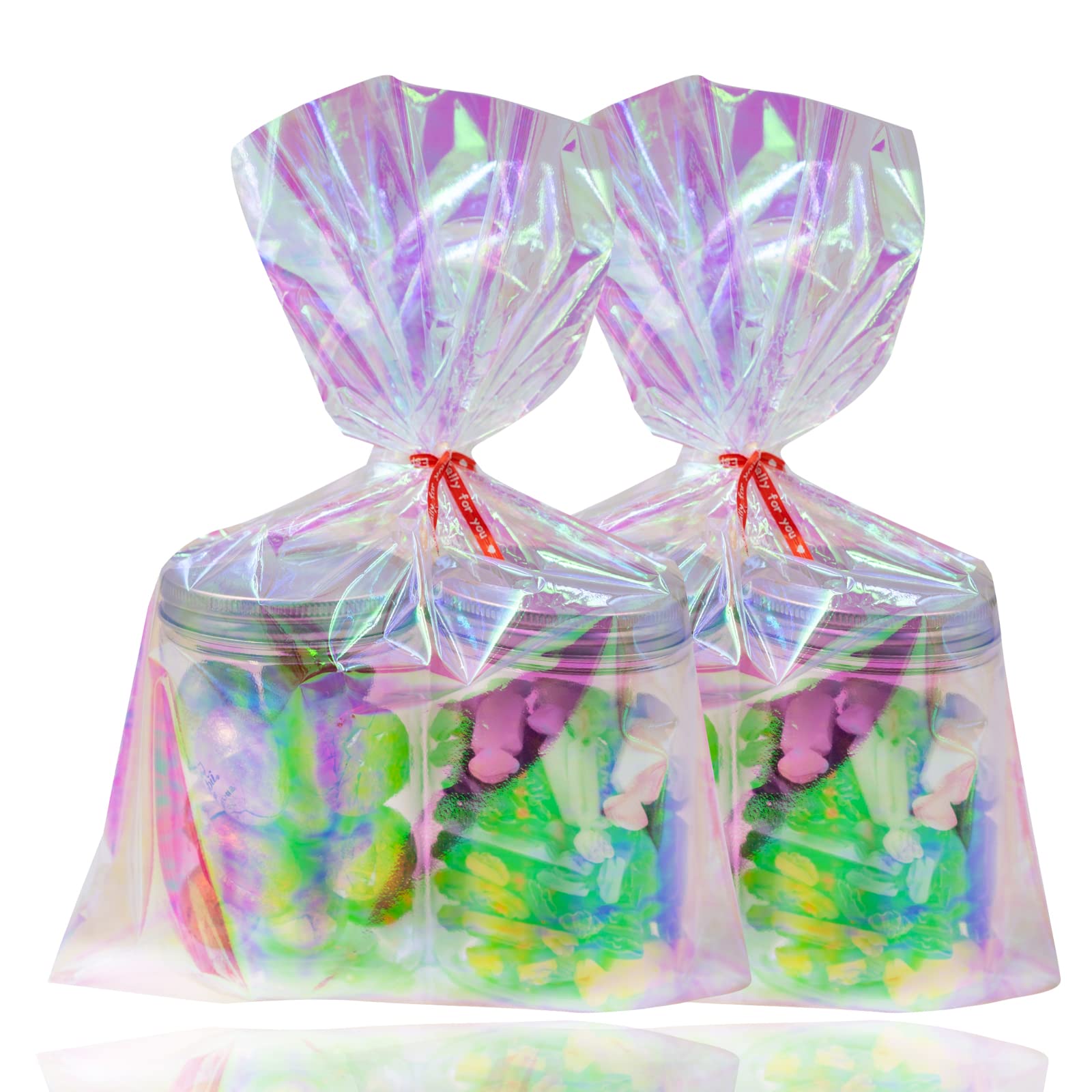 Ctoiotc Cellophane Bags,Cellophane Treat Bags, Iridescent Holographic Candy Bags, Clear Goodie Bags with 5 Colors Pieces Twist Ties for Birthday Party Favors, Easter, Weddings