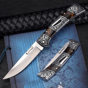 lanfed pocket knife for men, 3.5 inch folding knife with back lock, engraved unique resin handle, cool knives for fishing, hunting, camping gifts for men