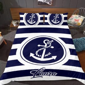 xiucoo custom blue striped anchor name duvet cover set with 2 pillow shams bedding sets personalized quilt cover for birthday wedding queen size gift