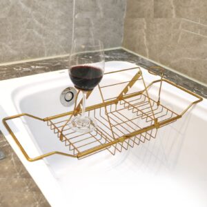 plko bathtub tray,stainless steel shower bathtub caddy tray with removable book holder red wine rack holder, for home kitchen bathroom,gold