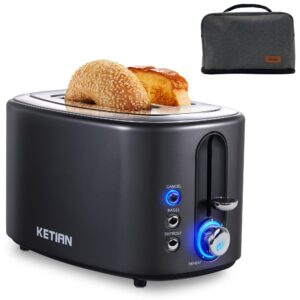 2 slice toaster with cover,ketian retro stainless steel toasters,1.5'' extra wide slot,cancel bagel defrost reheat functions, 6 toast browning settings, removable crumb tray,black