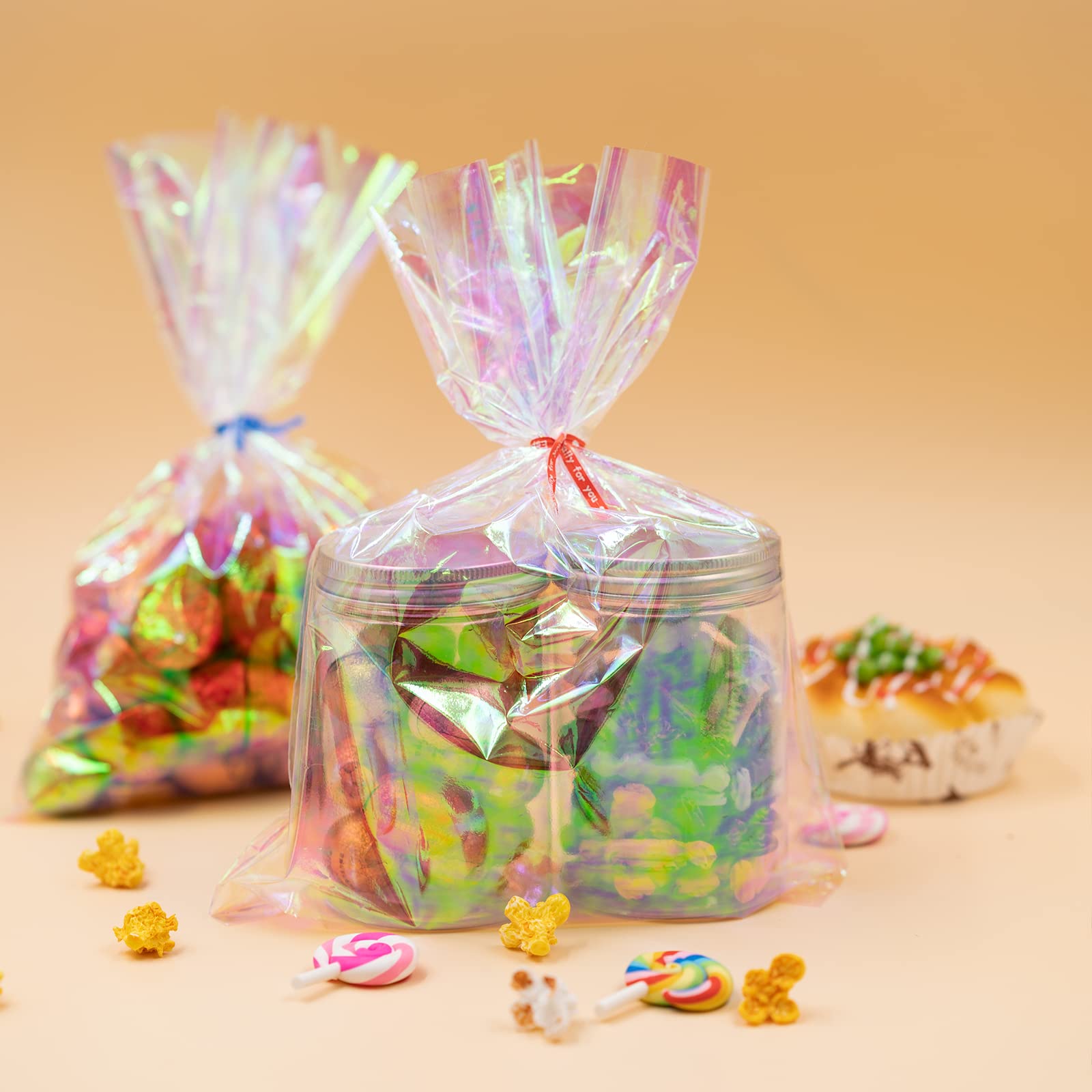 Ctoiotc Cellophane Bags,Cellophane Treat Bags, Iridescent Holographic Candy Bags, Clear Goodie Bags with 5 Colors Pieces Twist Ties for Birthday Party Favors, Easter, Weddings