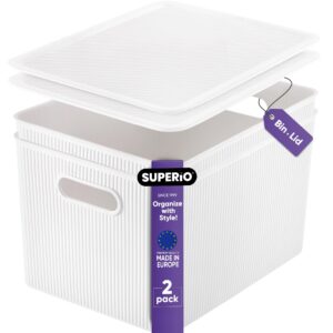 superio ribbed collection - decorative plastic lidded home storage bins organizer baskets, x-large white (2 pack - 22 liter) stackable container box, for organizing closet shelves drawer shelf