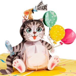 paper love 3d pop up birthday card, birthday cat, for adults and kids - 5" x 7" cover - includes envelope and note tag