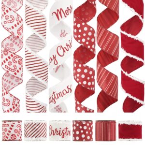 huihuang christmas ribbon wired red christmas tree ribbon 6 rolls red and white ribbon candy cane ribbon for christmas tree, gift wrapping, wreath, garland, home decor (2.5" width, 36 yards total)