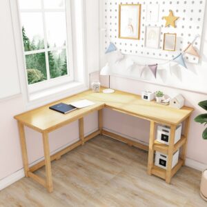 max & lily l shaped desk, corner desk for home office, gaming, computer with storage shelves, 55 x 55 inches, natural