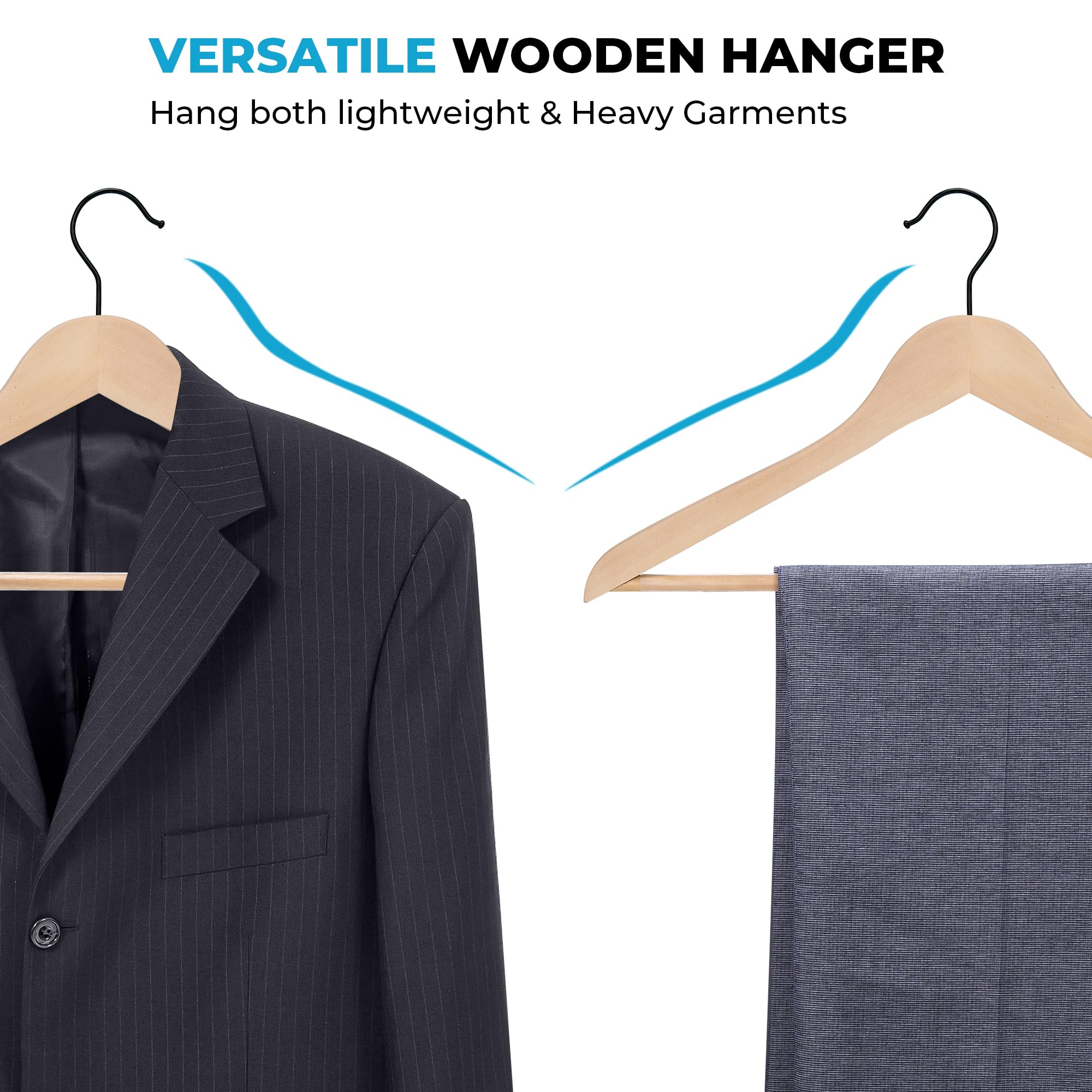 JS HANGER Wooden Coat Hangers, 30 Pack High Grade Wood Suit Hangers with Non Slip Pant Bar - Extra Smooth and Splinter Free, Unvarnished