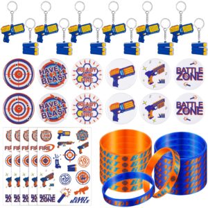 dart battle birthday party favor supplies dart battle silicone wristbands dart battle keychain temporary tattoos for kids badges gun party birthday party favors for birthday baby shower boys (126 pcs)