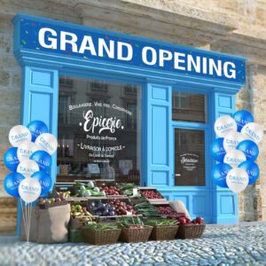 large grand opening banner 30 pieces latex grand opening balloons grand opening decorations 12 inches latex balloons 18 x 118 inches retail store shop business restaurant banners flag (blue, white)