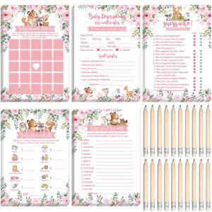 145 pieces woodland baby shower game floral forest animals 5 games set funny baby shower games activities with 20 pencils for girls boys include baby descriptions and wishes, guess who, bingo game