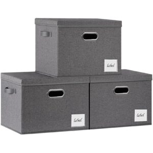 pffvrp extra large storage bins with lids, foldable fabric storage baskets with lids, sturdy storage boxes with labels and 3 handles for closet home bedroom office (grey)